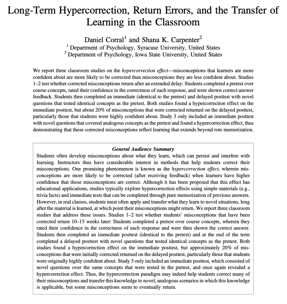 Research: Long-term hypercorrection, return errors, and the transfer of ...