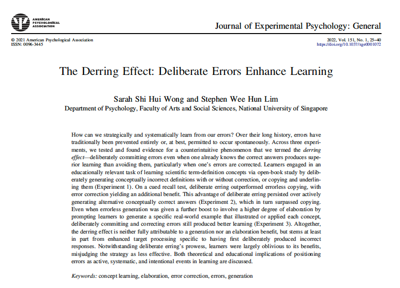 Research: The Derring Effect: Deliberate Errors Enhance Learning - Tips for Teachers by Craig Barton