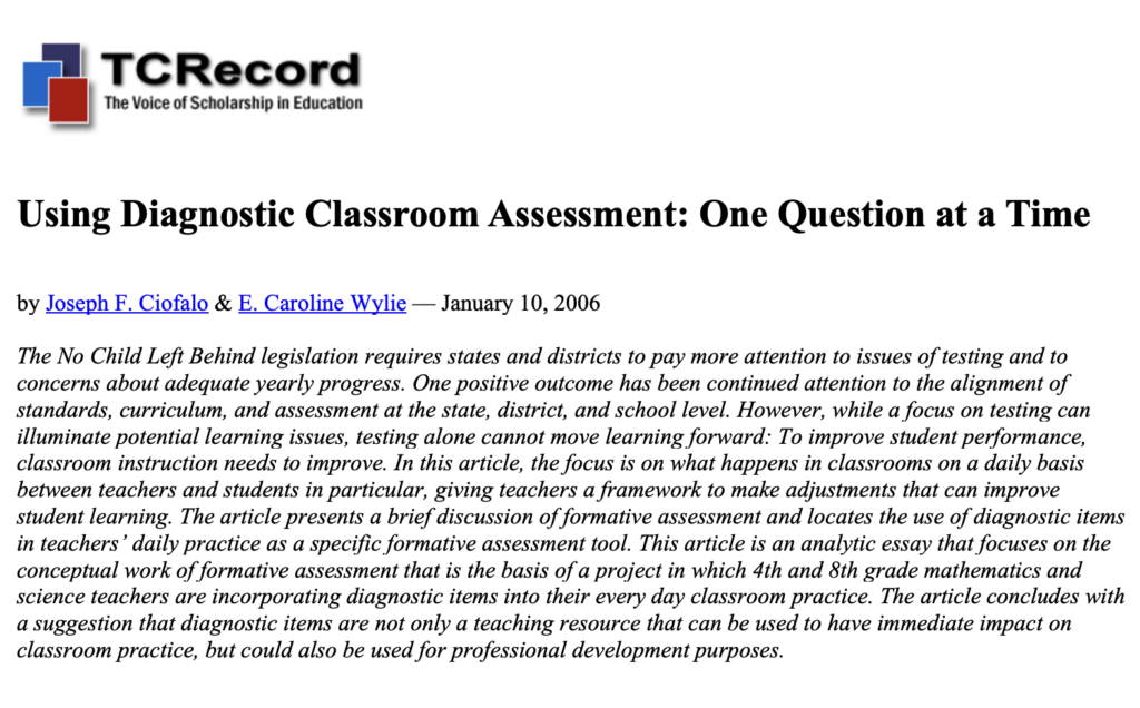 Research: Using Diagnostic Classroom Assessment: One Question at a Time ...