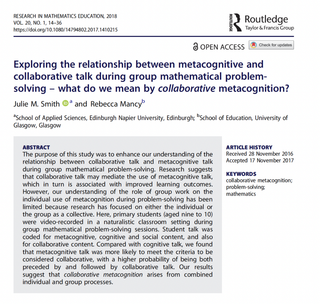 Research Exploring The Relationship Between Metacognitive And Collaborative Talk During Group