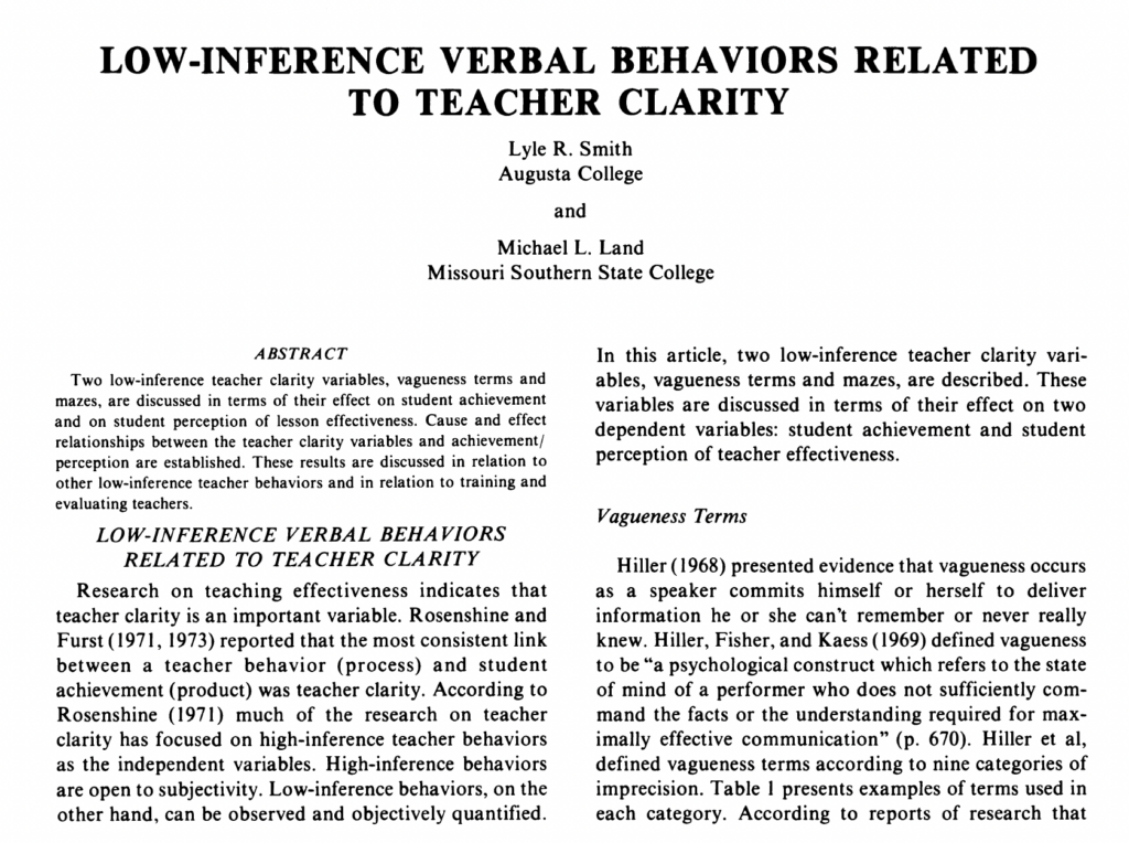 Research: Low-Inference Verbal Behaviors Related to Teacher Clarity ...