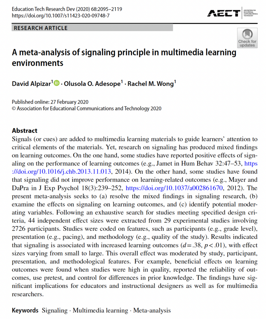 Research: A meta-analysis of signaling principle in multimedia learning ...
