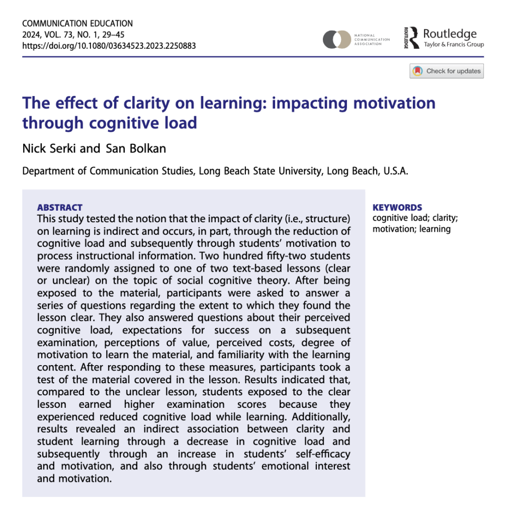Research: The effect of clarity on learning: impacting motivation through cognitive load - Tips ...